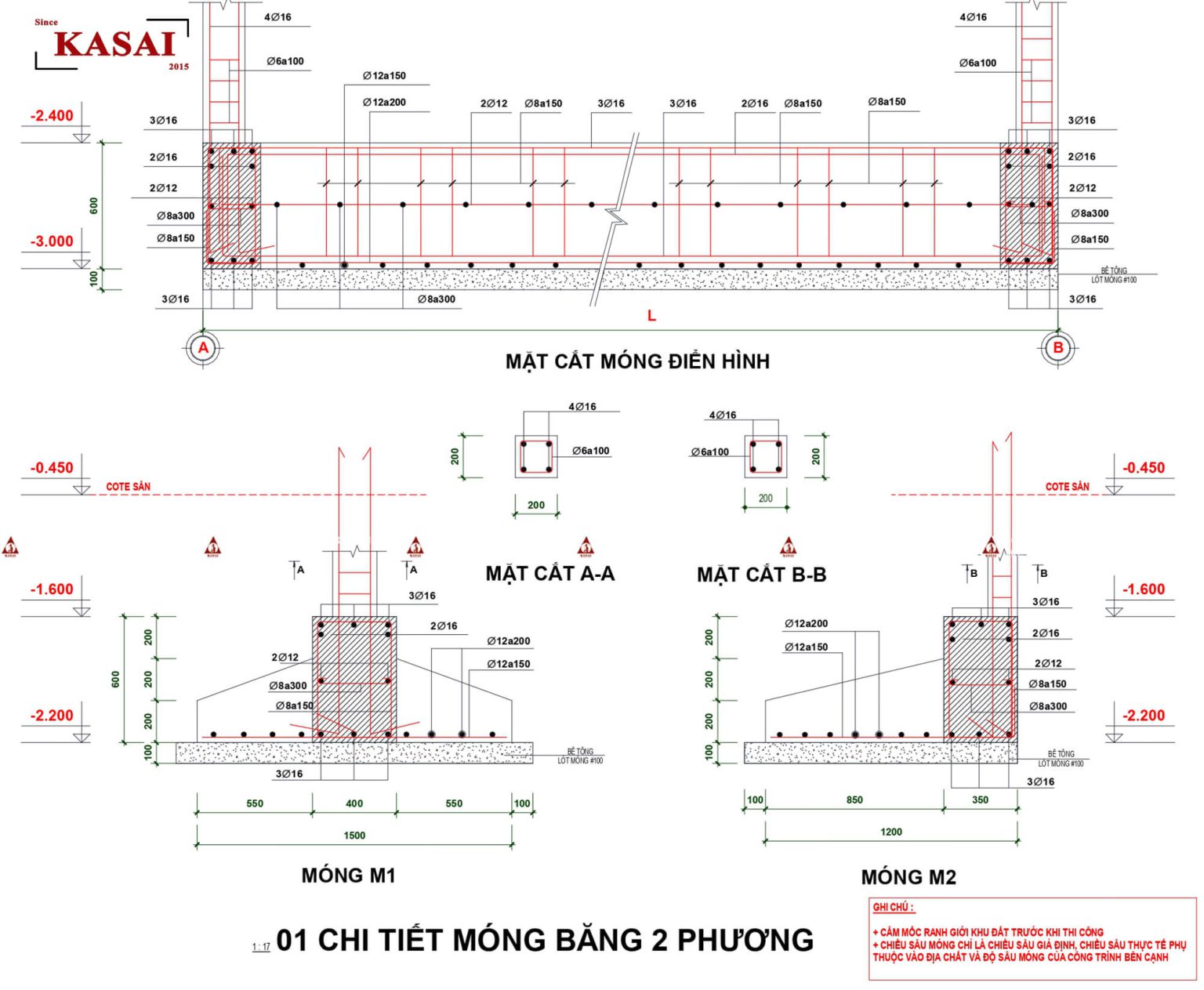 Bản vẽ móng băng 1 phương, 2 phương và cấu tạo, cách làm
